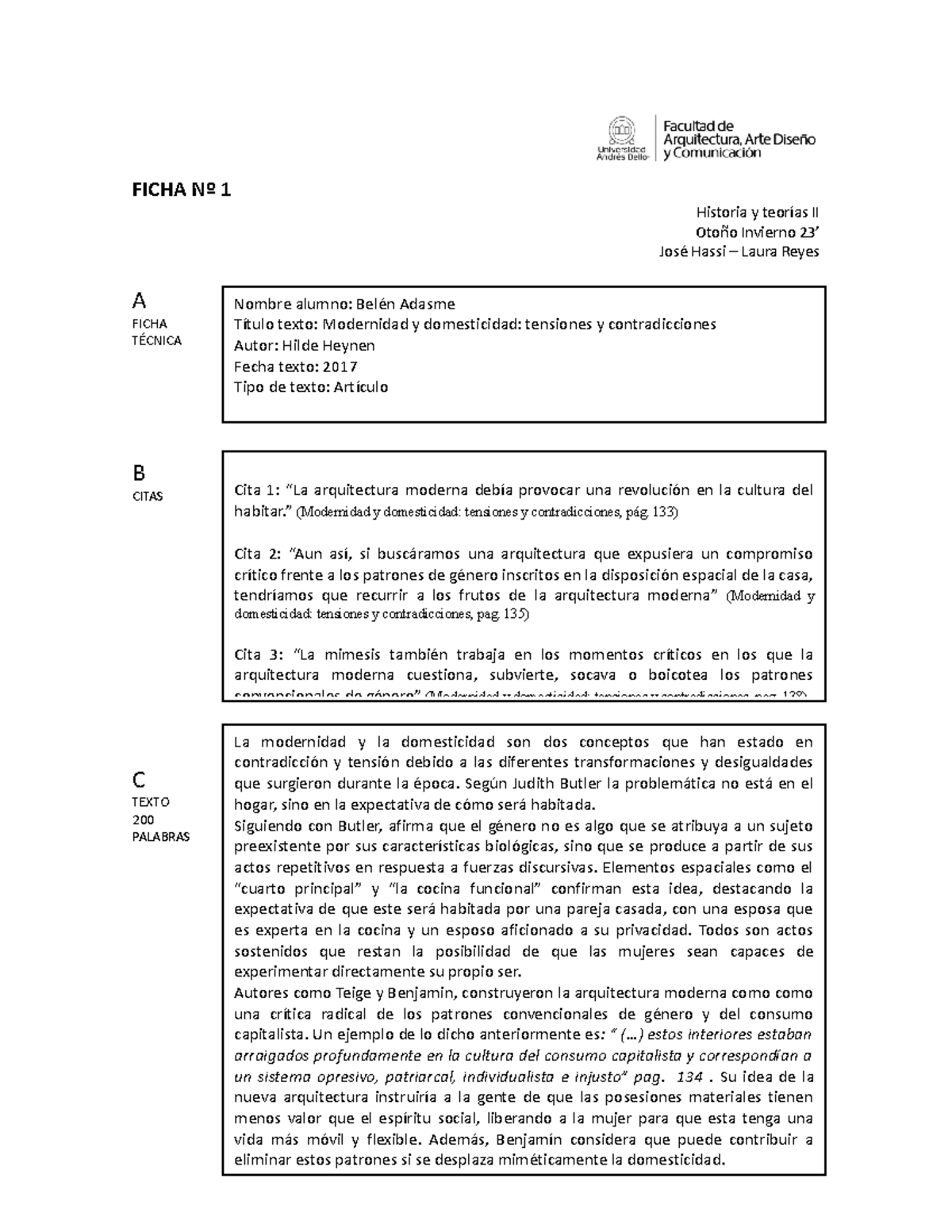 Ficha 01 - FICHA Nº 1 Historia y teorías II Otoño Invierno 23’ José ...