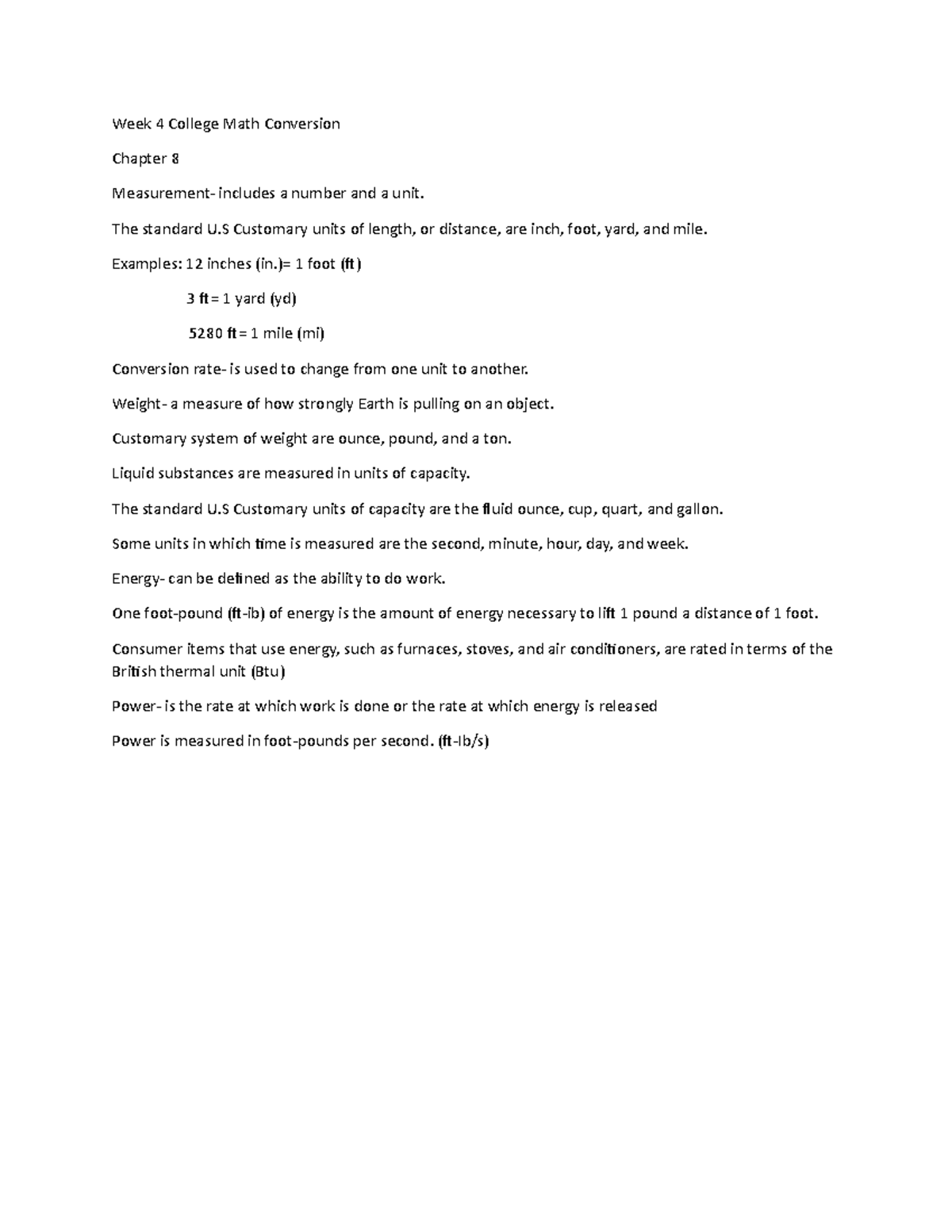 College math chapter 8 - notes - Week 4 College Math Conversion Chapter ...