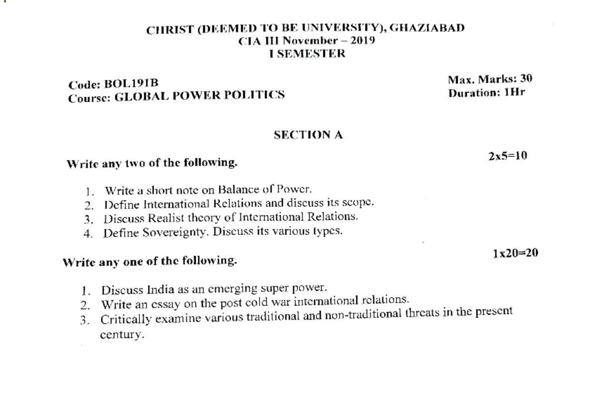 Global Power Politics Elective BOL191B CIA question paper (2019) - Code ...
