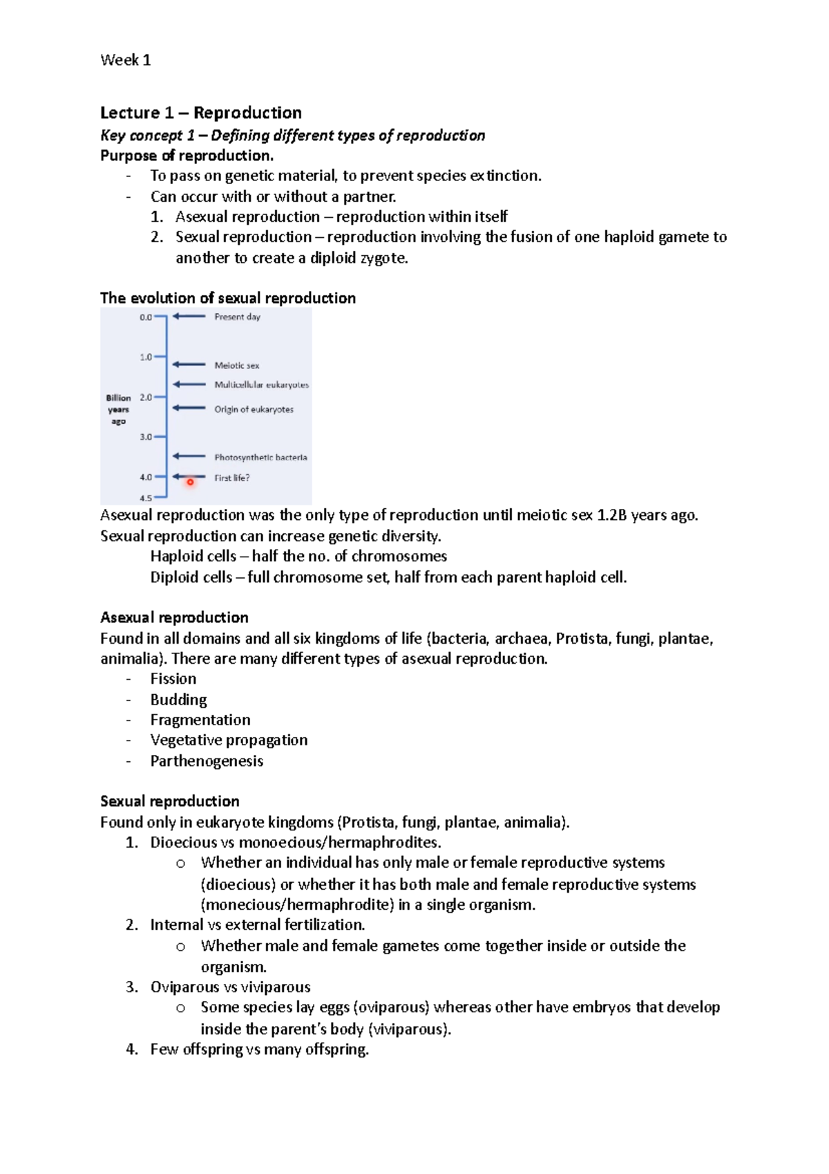 Week 1 - Lecture Notes - Lecture 1 – Reproduction Key concept 1 ...