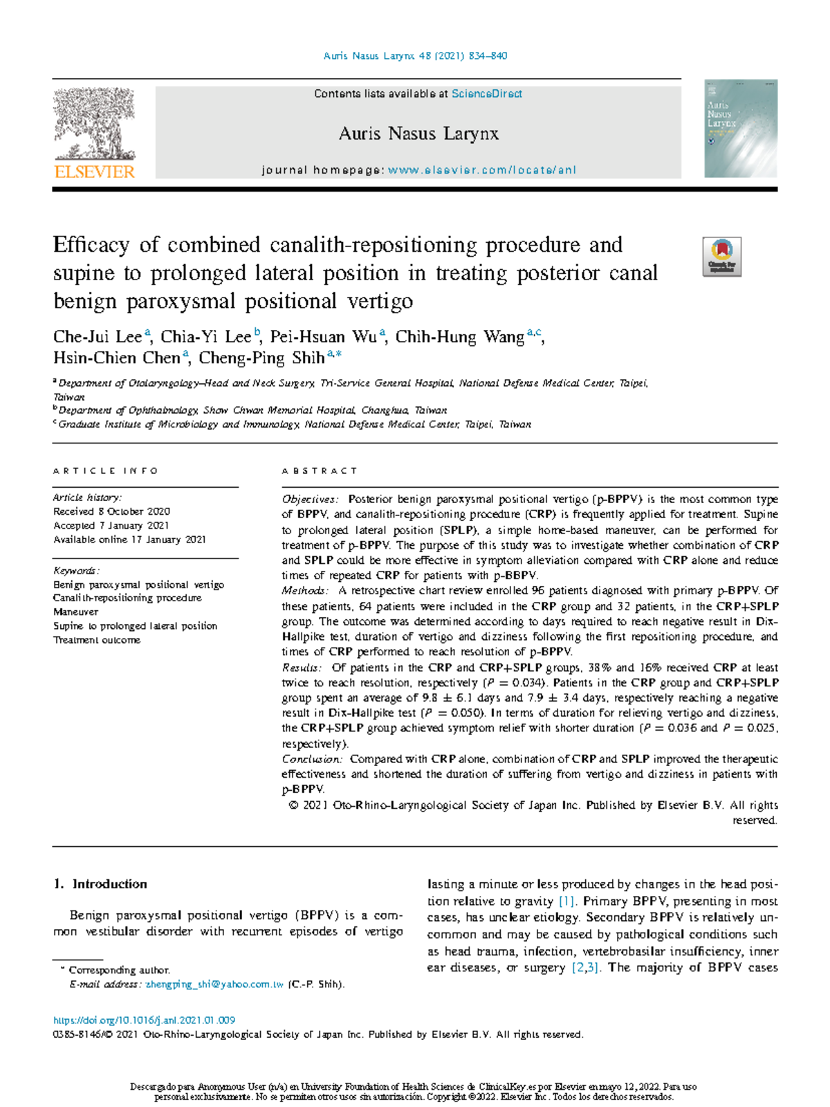 VPPB Epley Posicion Auris 2021 - Auris Nasus Larynx 48 (2021) 834 ...
