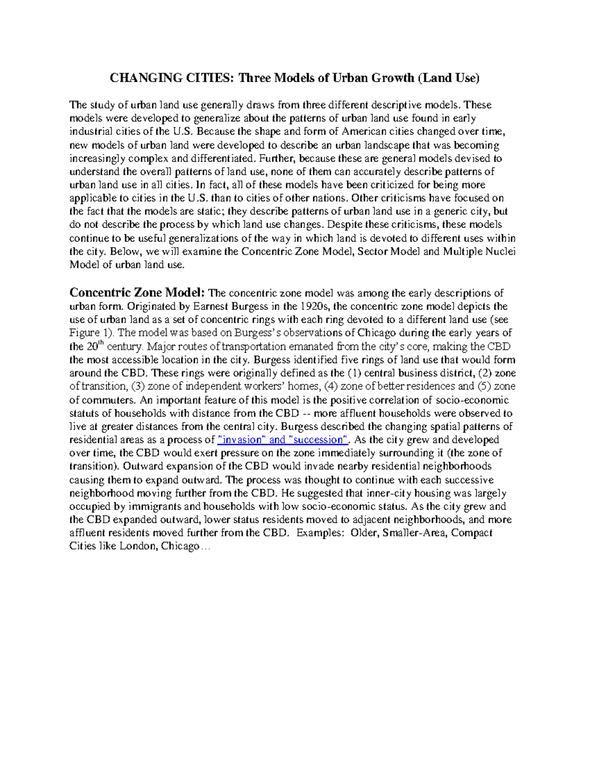 Three Models of Urban Growth - These models were developed to ...
