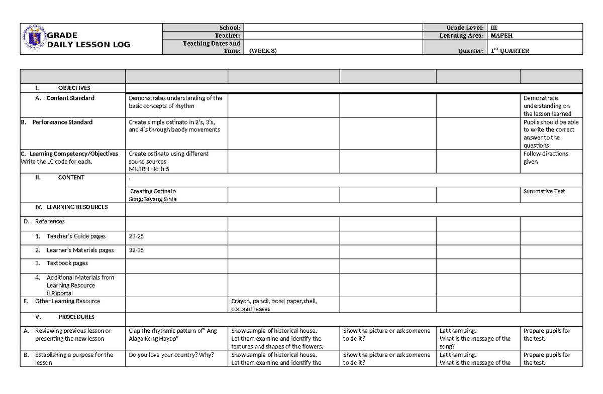 DLL Mapeh 3 Q1 W8 - dll - GRADE DAILY LESSON LOG School: Grade Level ...