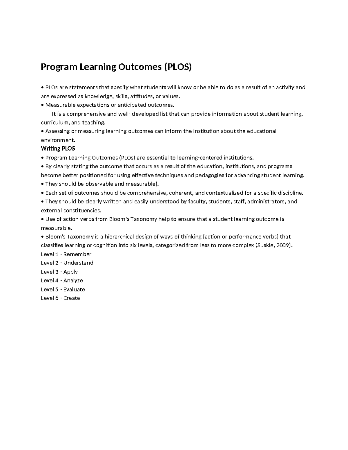 PLOS-CLOS-ILOS - Notes - Program Learning Outcomes (PLOS) PLOs are ...
