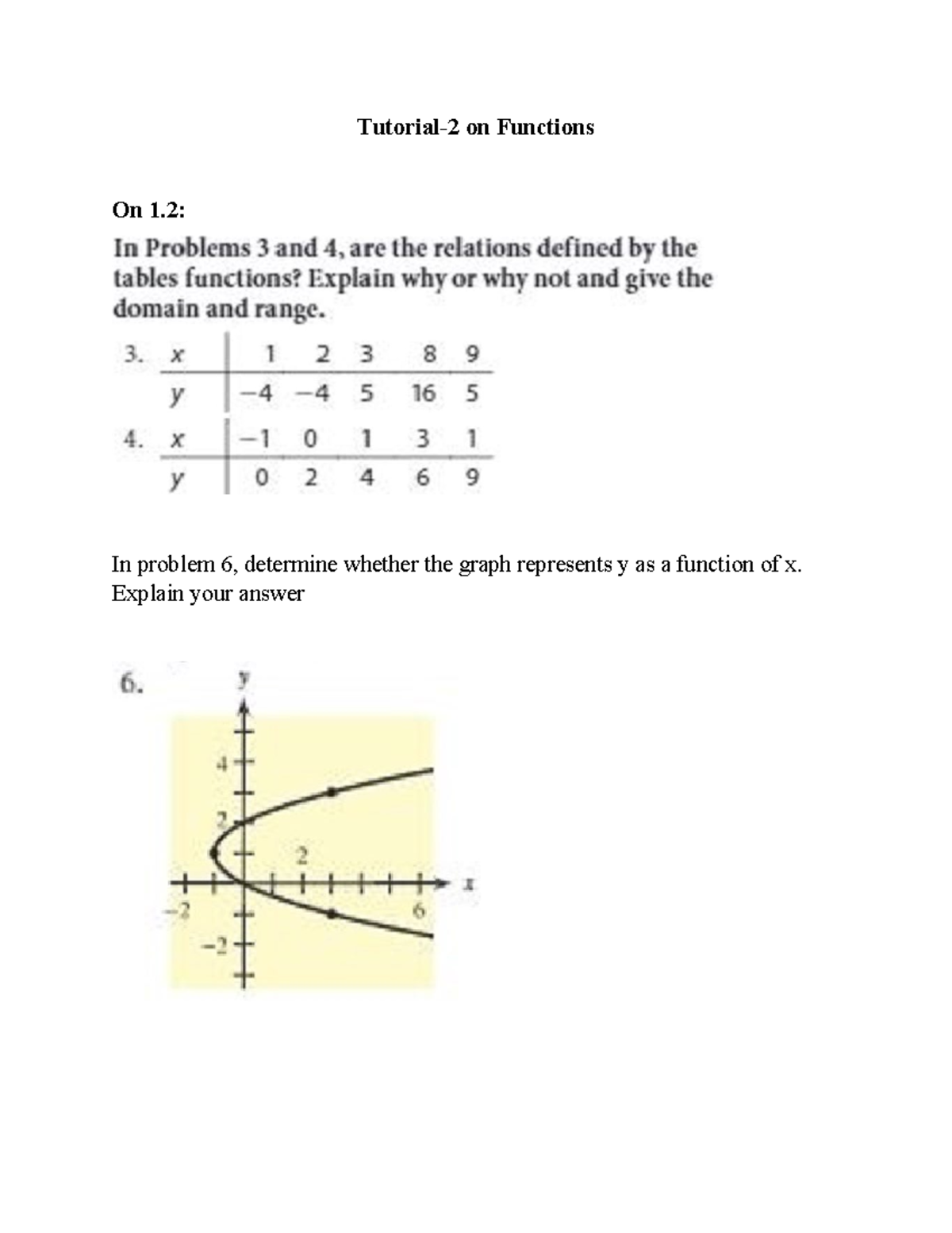 Tutorial 2 - Tutorial-2 on Functions On 1: In problem 6, determine whether the graph represents ...