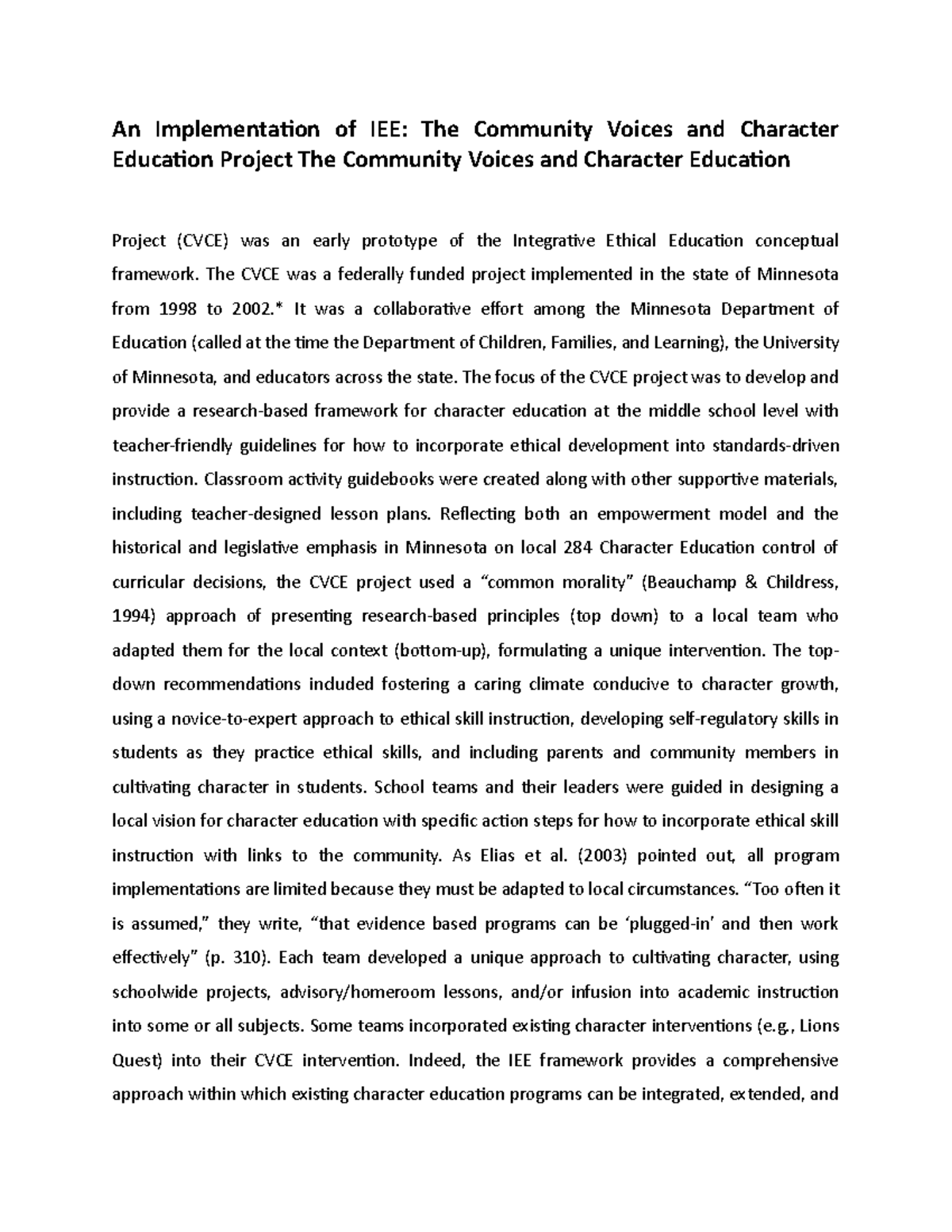 The Community Voices and Character Education Project The Community ...