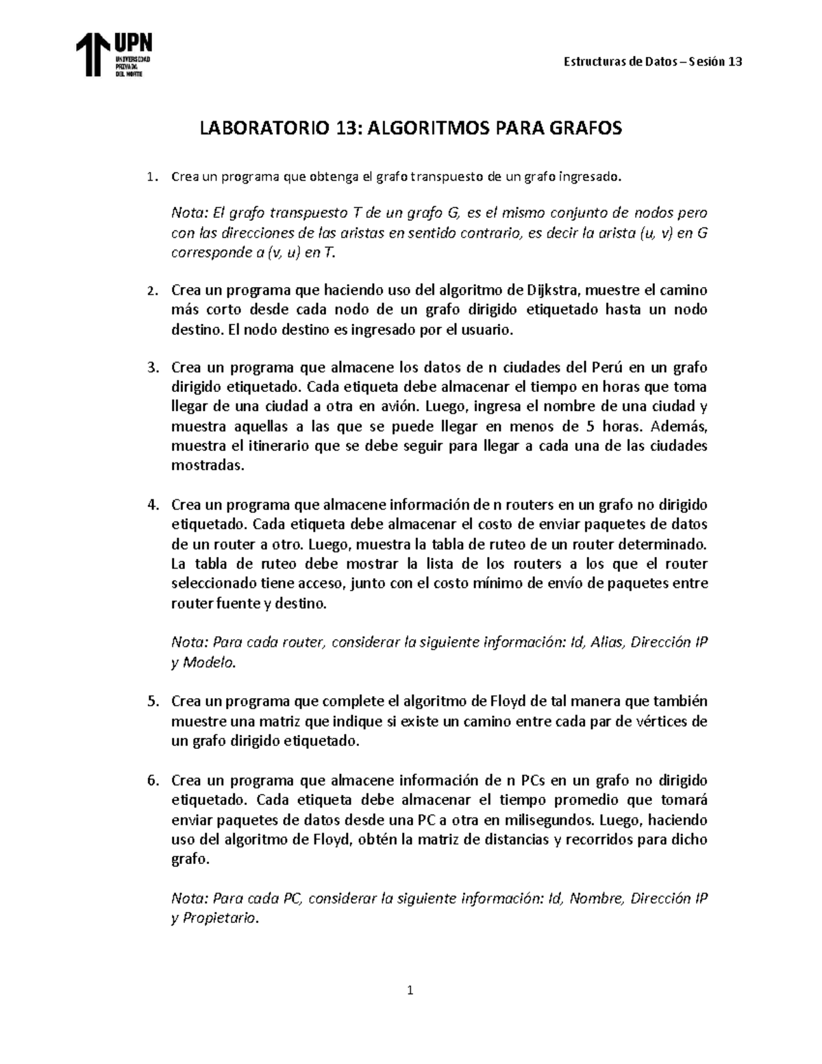 Laboratorio 13 - ALGORITMOS PARA GRAFOS - Estructuras de Datos – Sesión ...