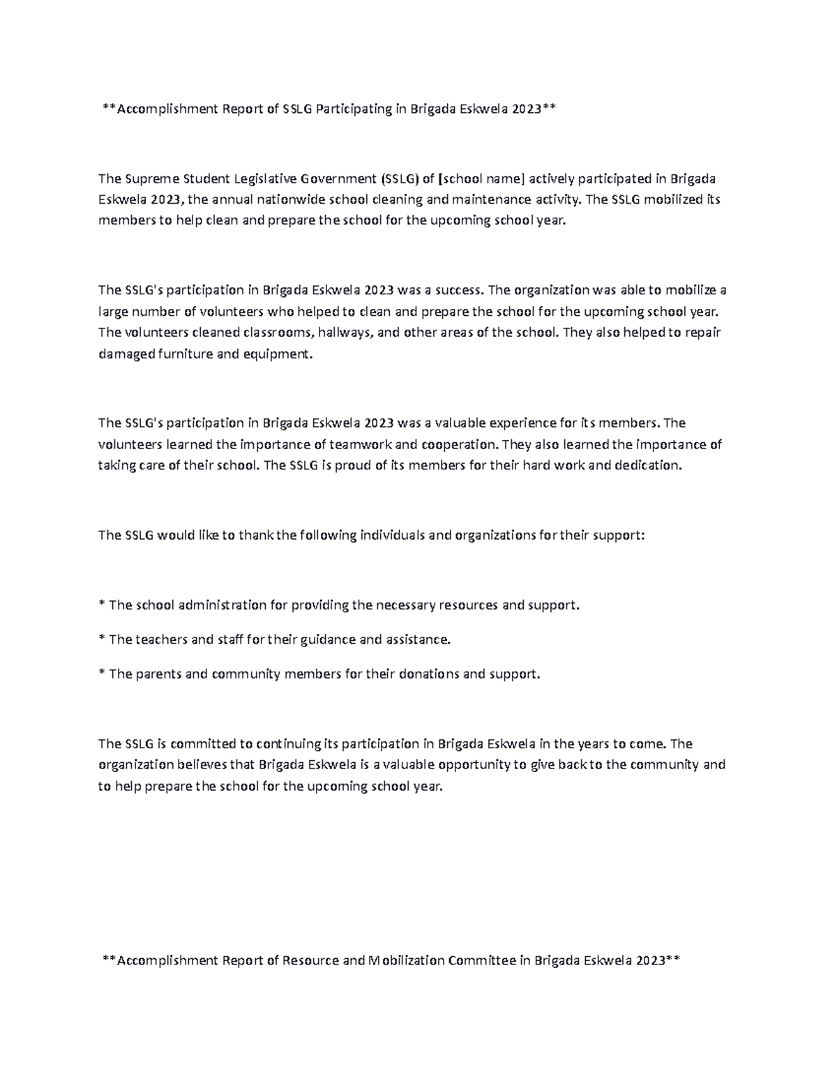 Sslg accom - Accomplishment Report of SSLG Participating in Brigada ...