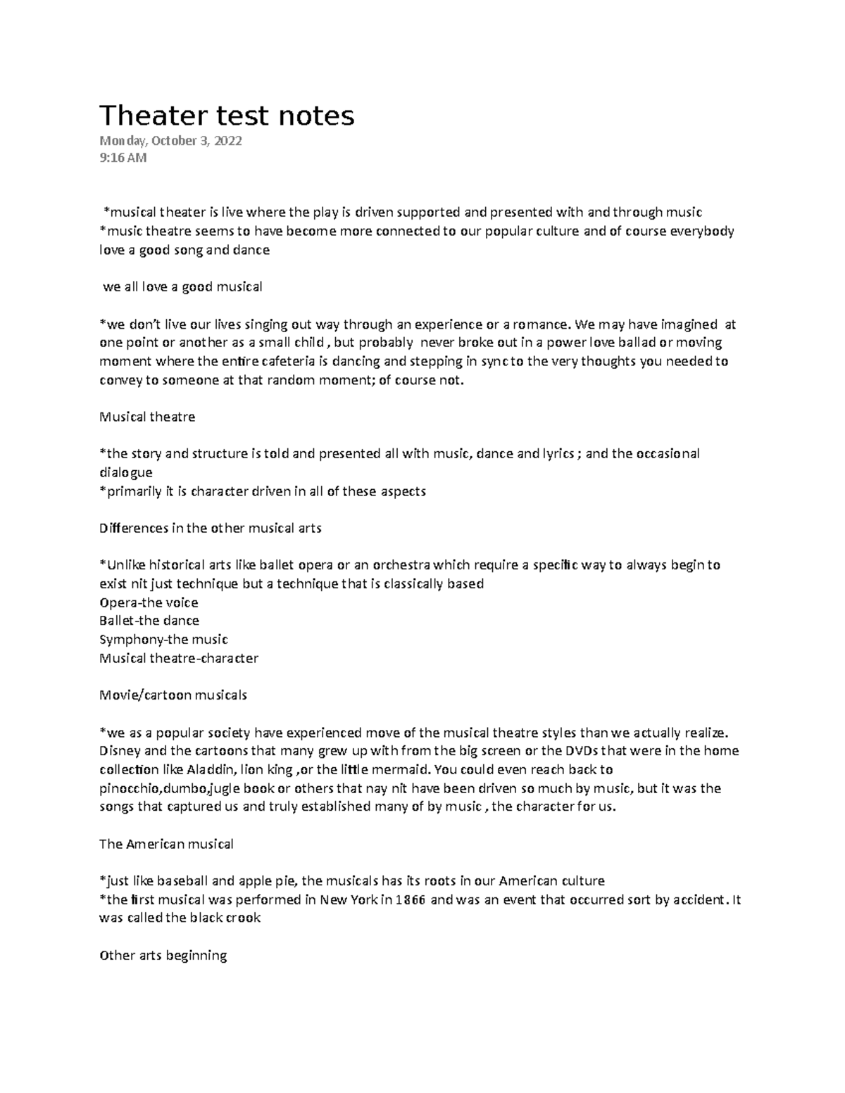 Theater test notes - My professor for Introduction to Theatre is Corey ...