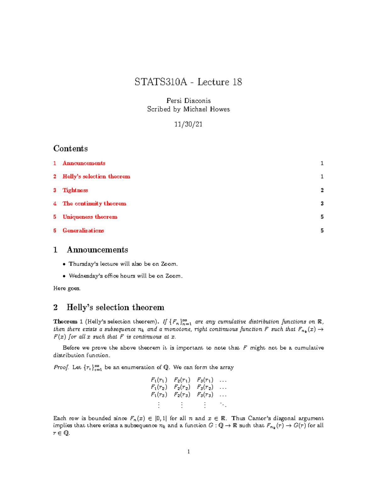 STATS 310A Lecture 18 - Theory of Probability - STATS310A - Lecture 18 ...