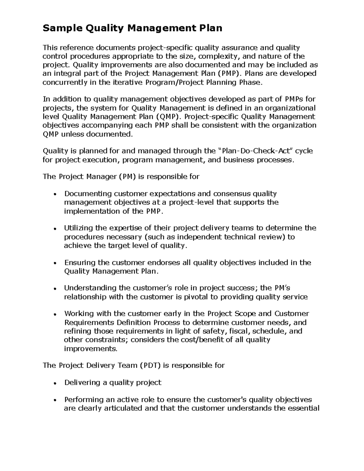 Sample Quality Management Plan - This reference documents project-specific quality assurance and ...
