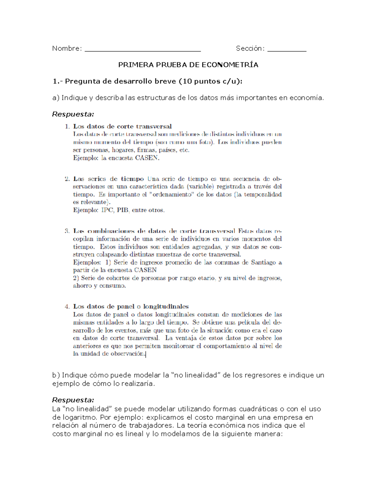 Pauta Prueba DE Econometria 1b - Nombre: ___________________________ Sección: _________ PRIMERA ...