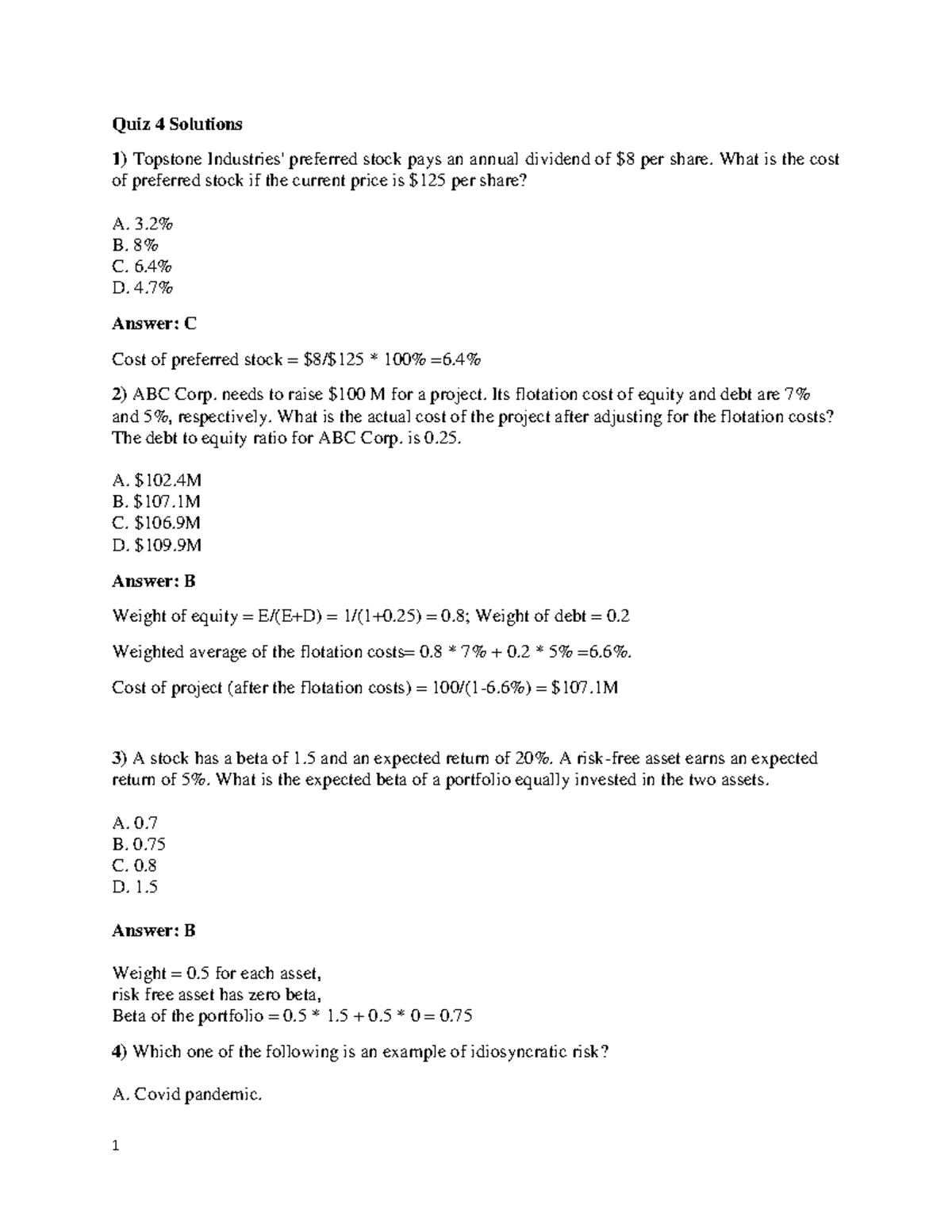 Quiz 4 Solutions - Quiz 4 Solutions Topstone Industries' preferred ...