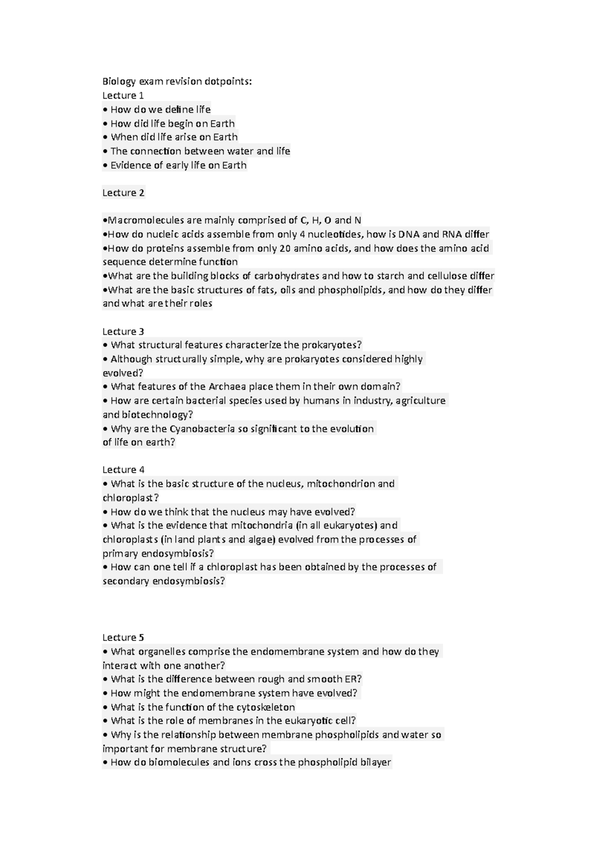Biology Exam revisionn dot points - Biology exam revision dotpoints ...