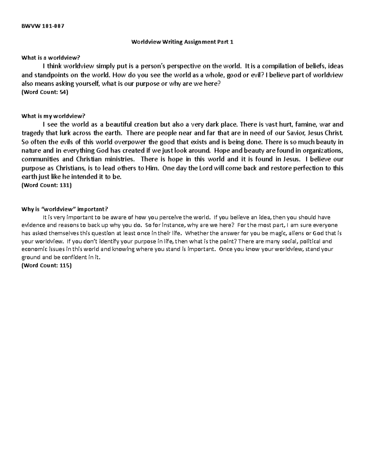 BWVW 101 Assignment Part 1 - BWVW 101- Worldview Writing Assignment ...