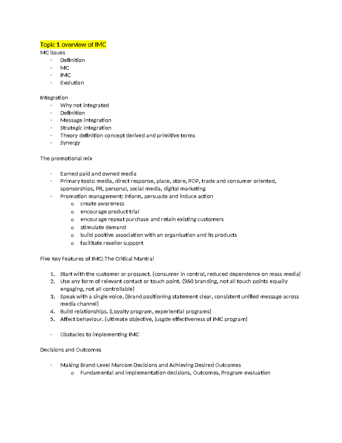 Table of contents t1-4 - key topics - Topic 1 overview of IMC MC issues - Definition - MC - IMC ...
