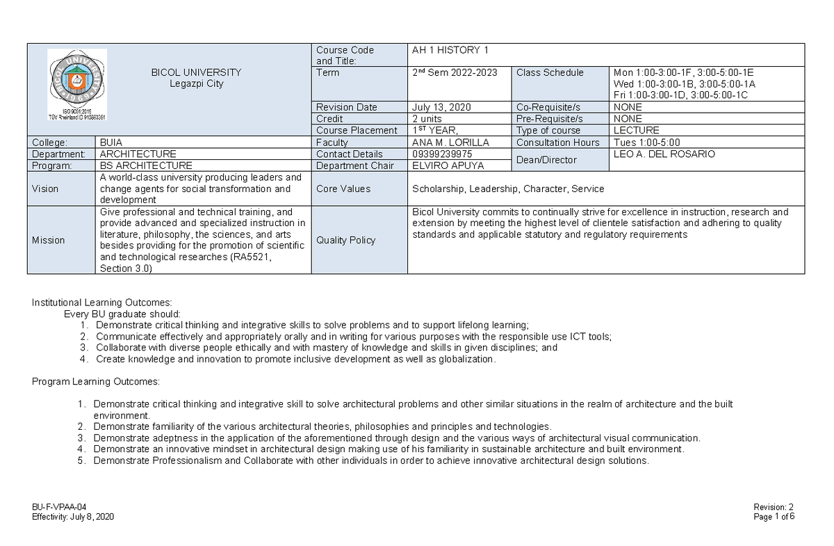 AH-1-syllabus final - Syllabus - BU-F-VPAA-04 Revision: 2 BICOL ...