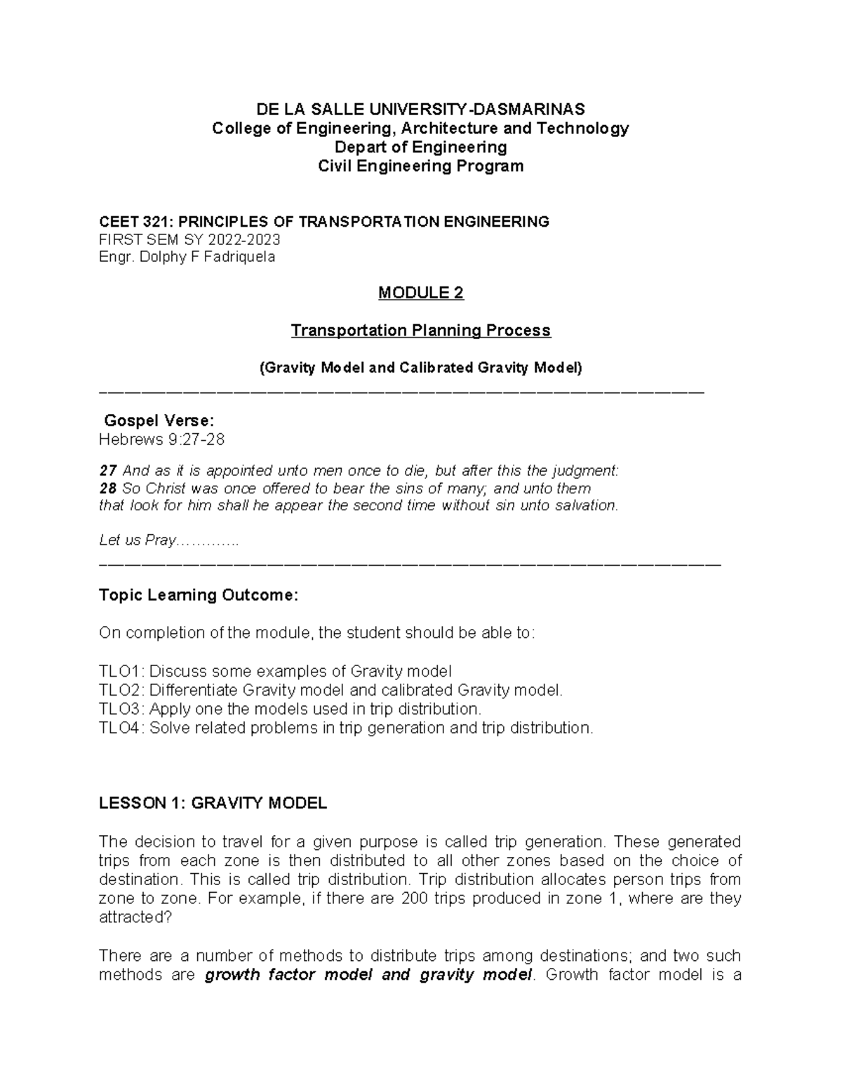 Module 2 Gravity Model - Transpo - DE LA SALLE UNIVERSITY-DASMARINAS ...