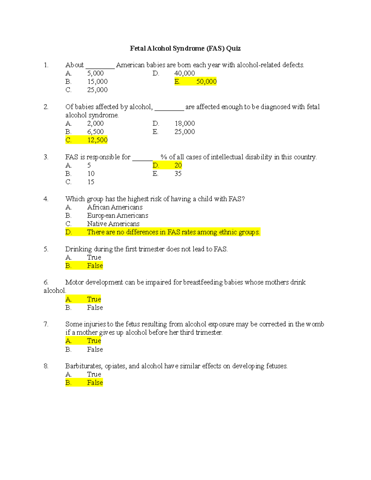 Fetal Alcohol Syndrome (FAS) Quiz - Fetal Alcohol Syndrome (FAS) Quiz ...