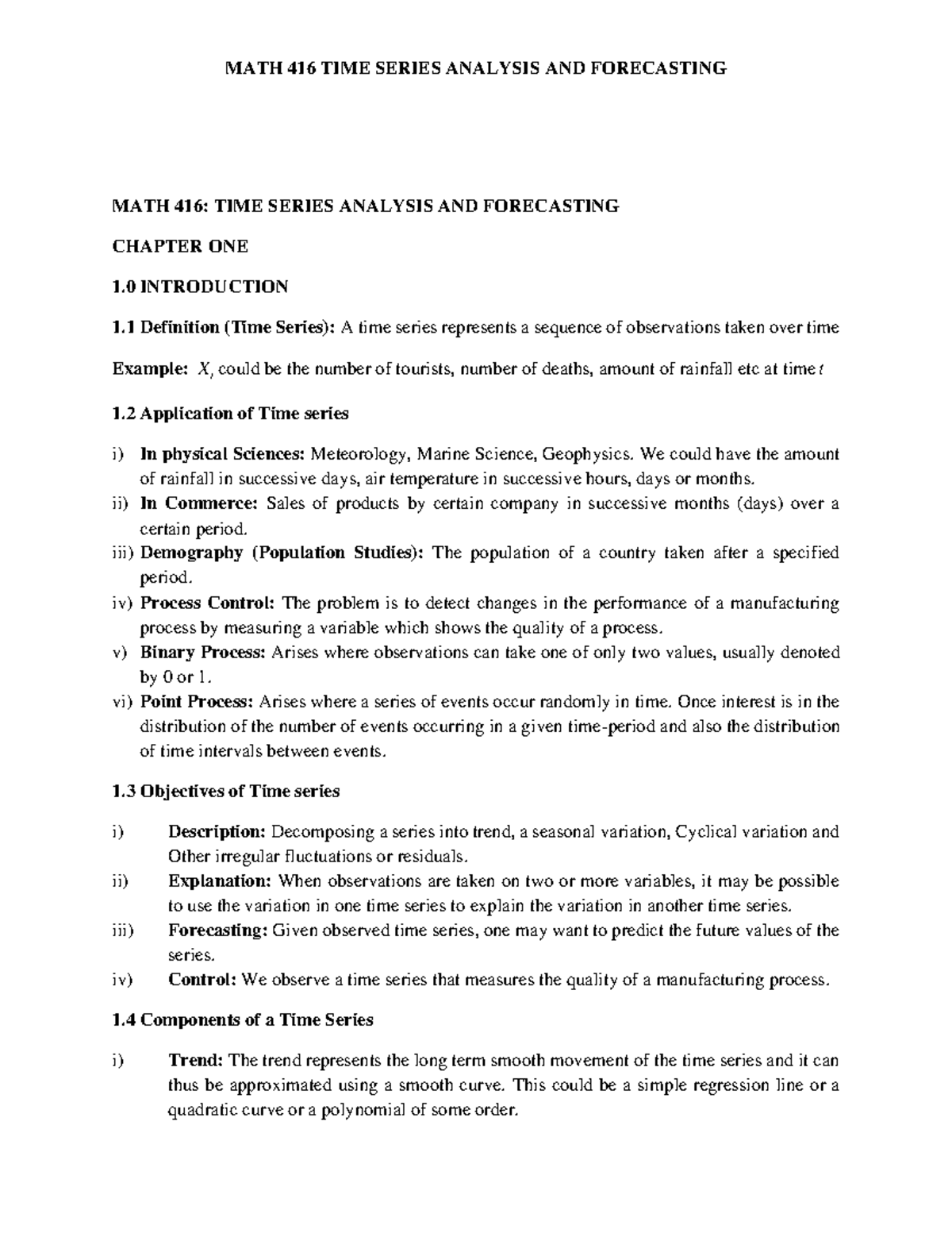 MATH 416 Course Outline AND Notes 1 - MATH 416: TIME SERIES ANALYSIS ...