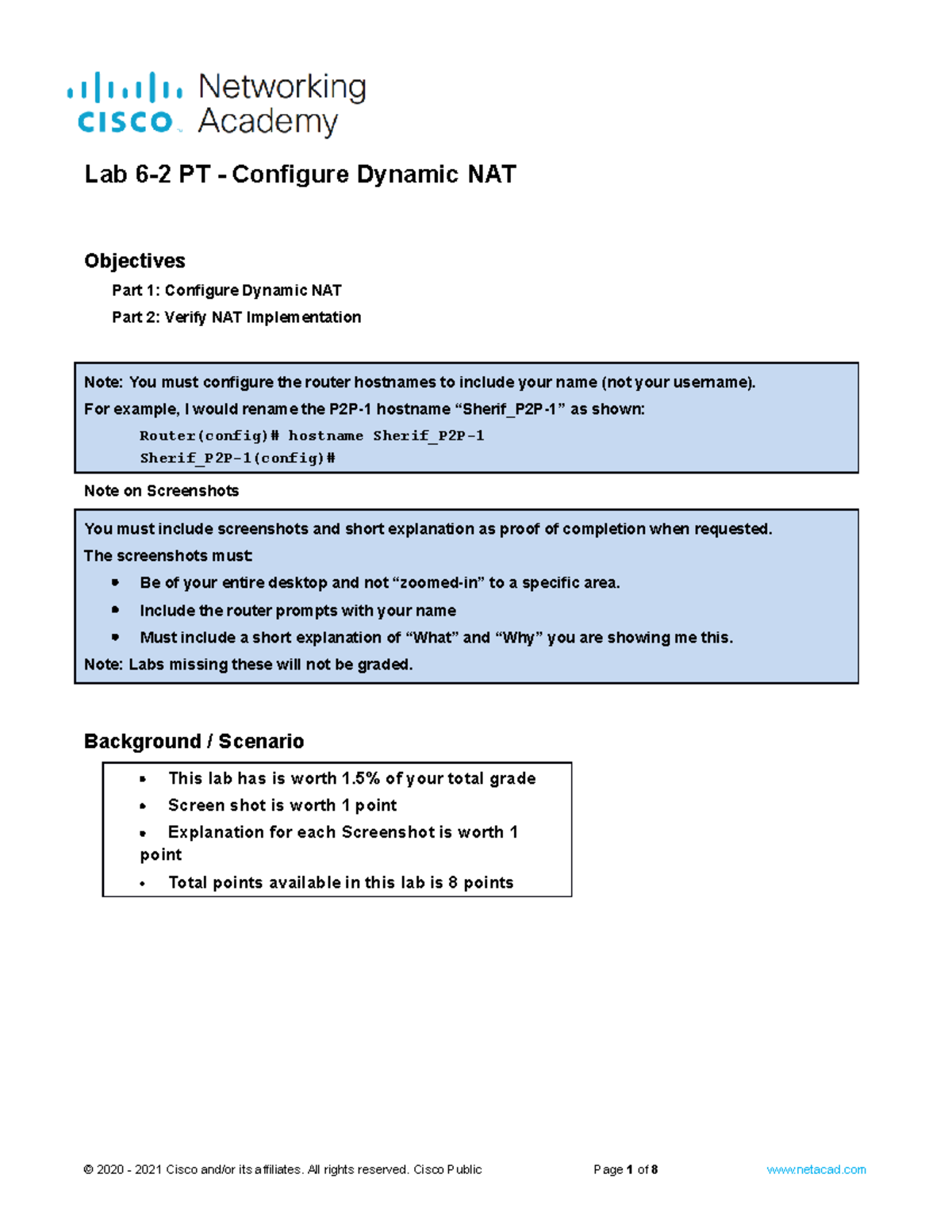 Lab 6-2 Student Packet Tracer - Configure Dynamic NAT - Lab 6-2 PT ...
