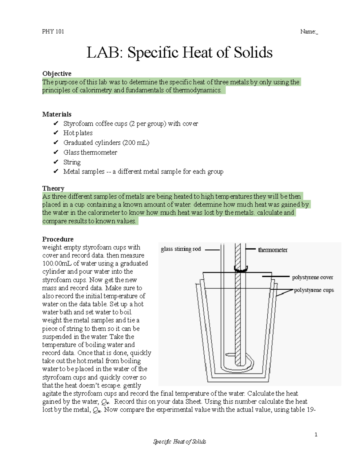 Of Lab 11 Specific Heat - andria - PHY 101 Name: LAB: Specific Heat of ...