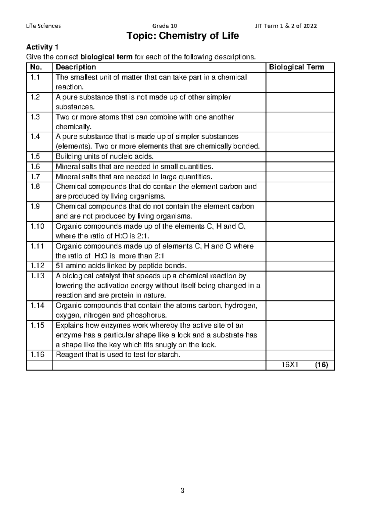 Revision for class test - Topic: Chemistry of Life Activity 1 Give the ...