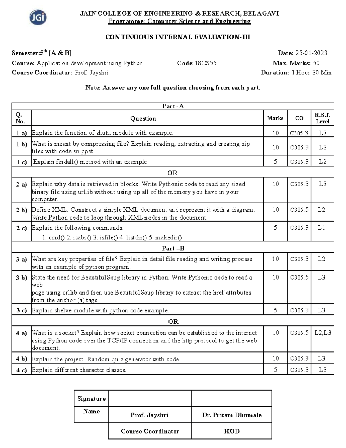 CIE 3 18CS55 ADP QP - JAIN COLLEGE OF ENGINEERING & RESEARCH, BELAGAVI ...