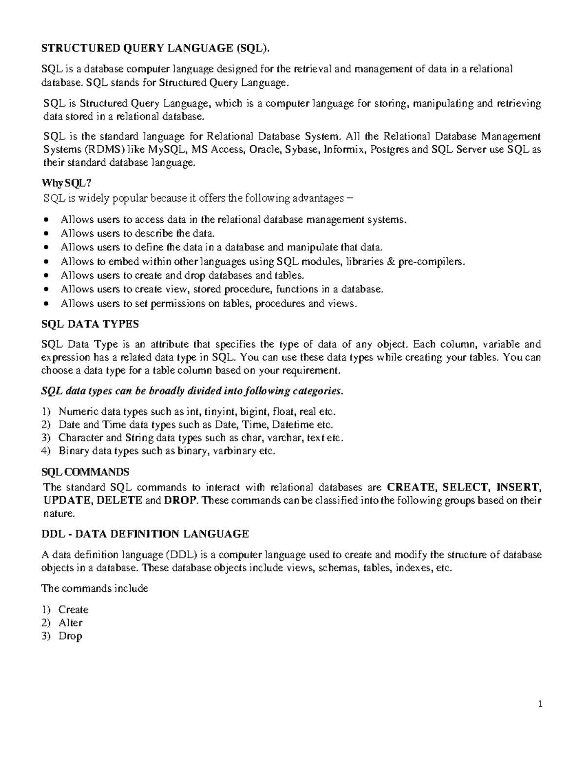 SQL Notes - Assembly Language Programming - KCAU - Studocu