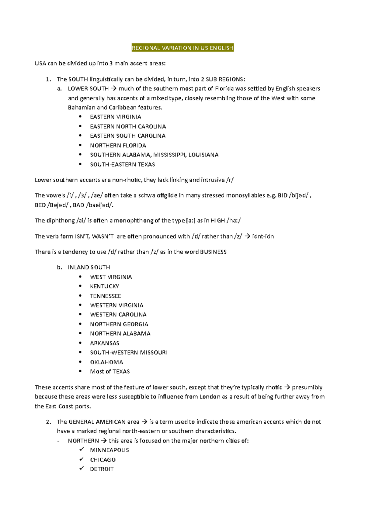 Lingua Inglese I - Regional variation in US English - REGIONAL ...