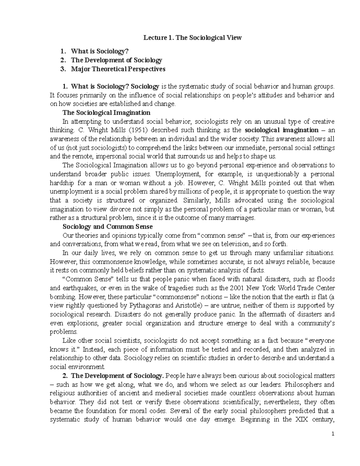 Lecture 1.The Sociological View docx - Lecture 1. The Sociological View ...