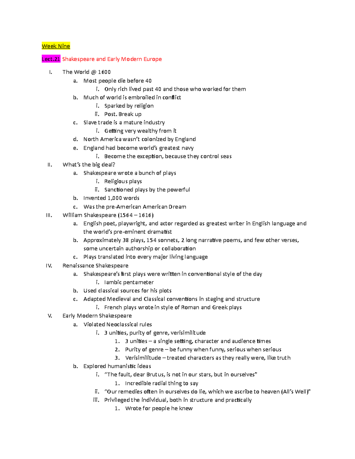 Aesthetic Notes - Week Nine Lect Shakespeare and Early Modern Europe I ...