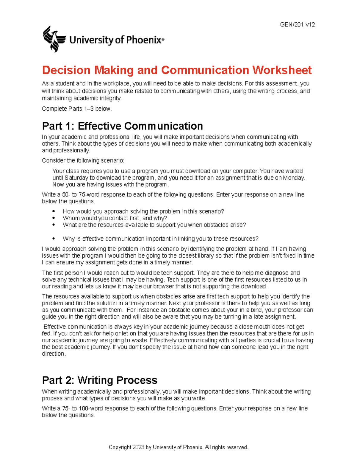 Gen201 v12 wk3 decision making and communication worksheet - GEN/201 v ...