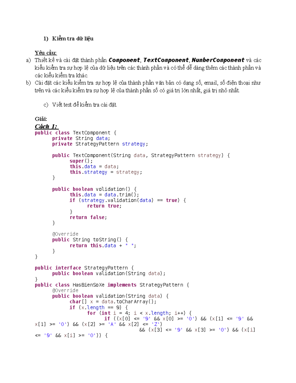 HDT-1 - 1) Kiểm tra dữ liệu Yêu cầu: a) Thiết kế và cài đặt thành phần Component, TextComponent ...