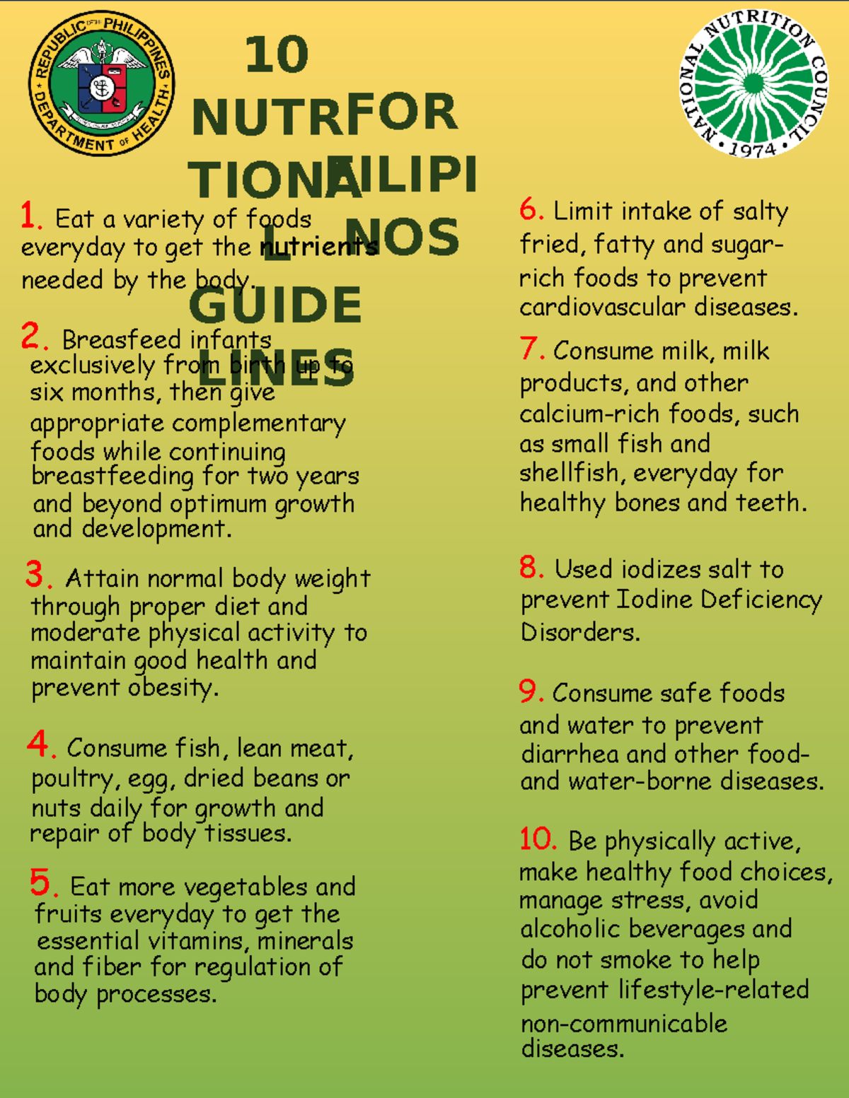 10 Nutritional Guidelines - 10 NUTRI TIONA L GUIDE LINES FOR FILIPI NOS 1. Eat a variety of ...