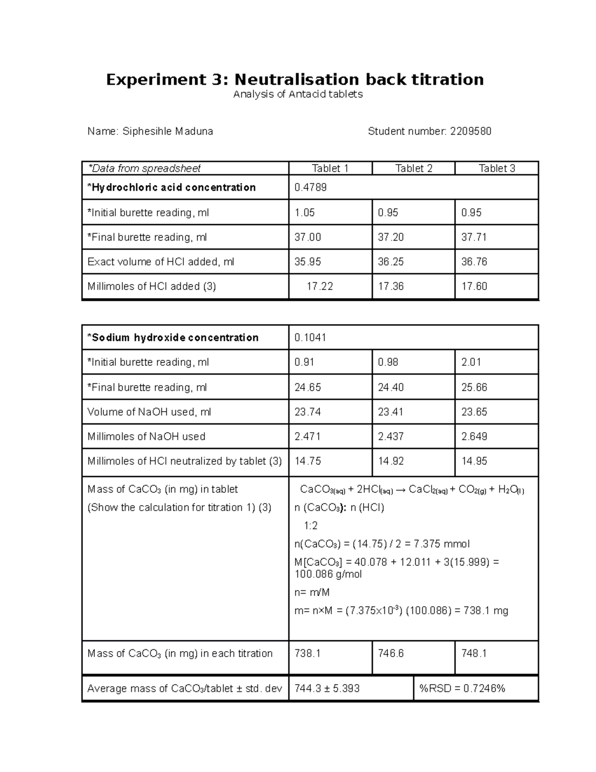 Neutralisation Back Titration - Analysis of Antacid Tablets - CHEM2001 ...