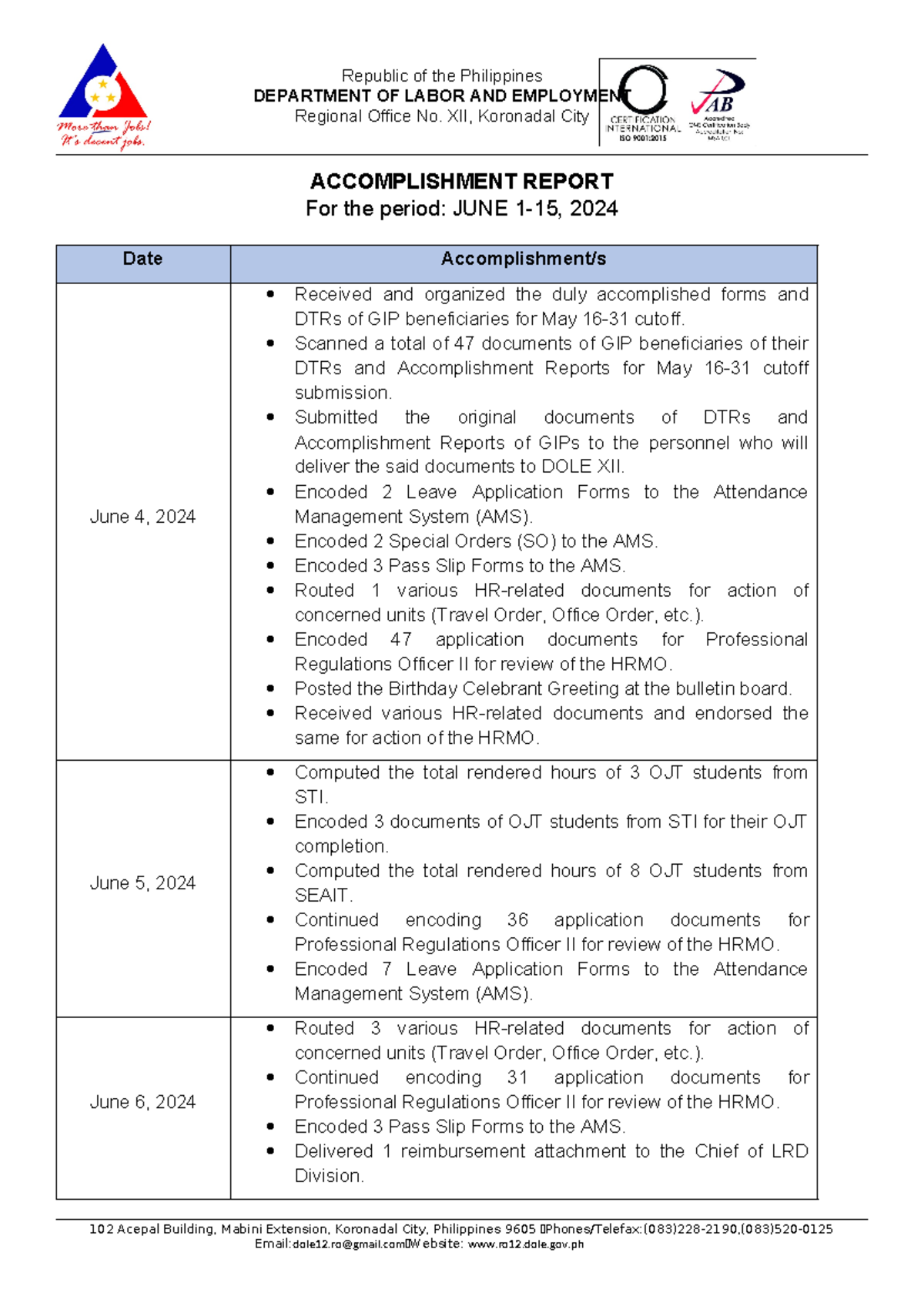Lumban-Accomplishment - Republic of the Philippines DEPARTMENT OF LABOR ...