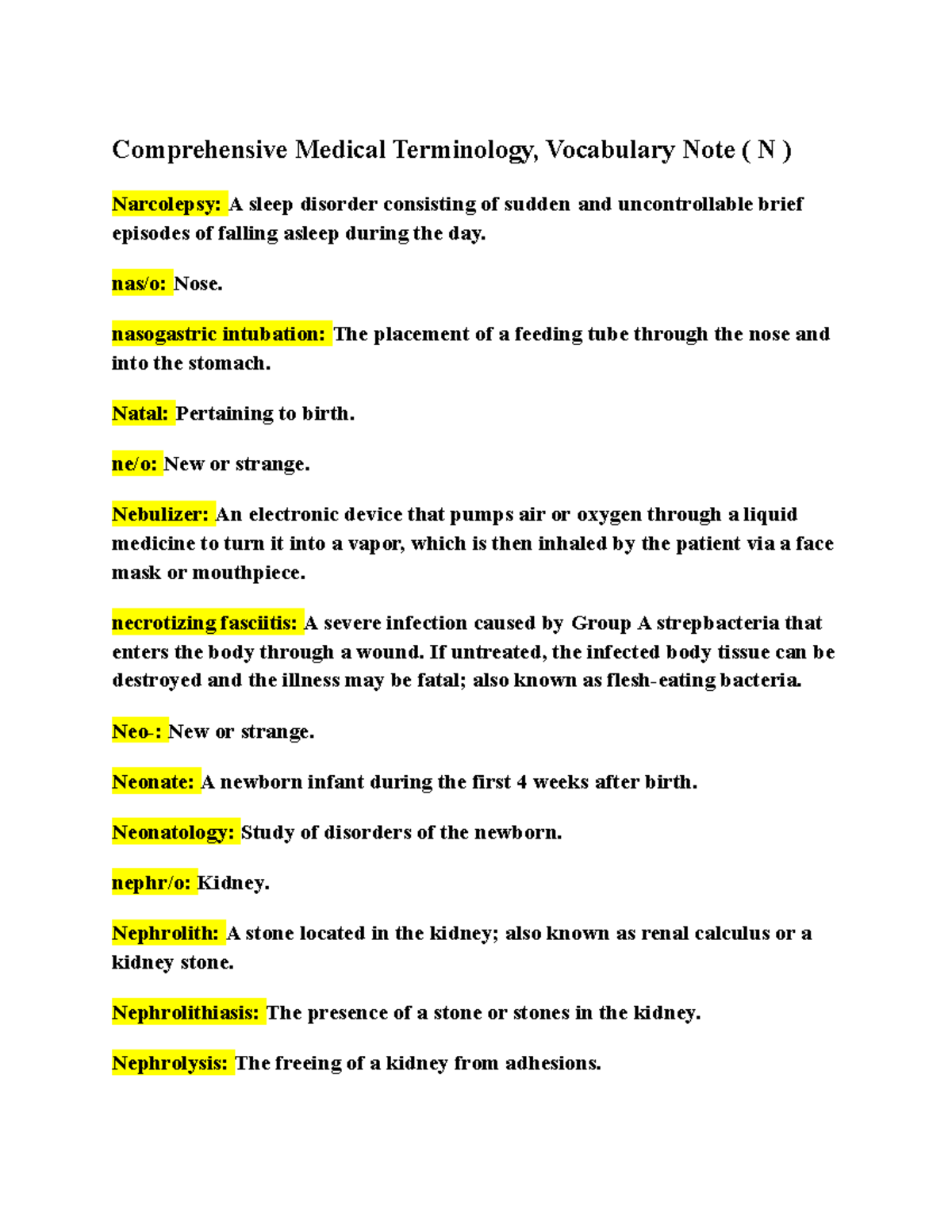 Vocabulary Note ( N ) - Comprehensive Medical Terminology, Vocabulary ...