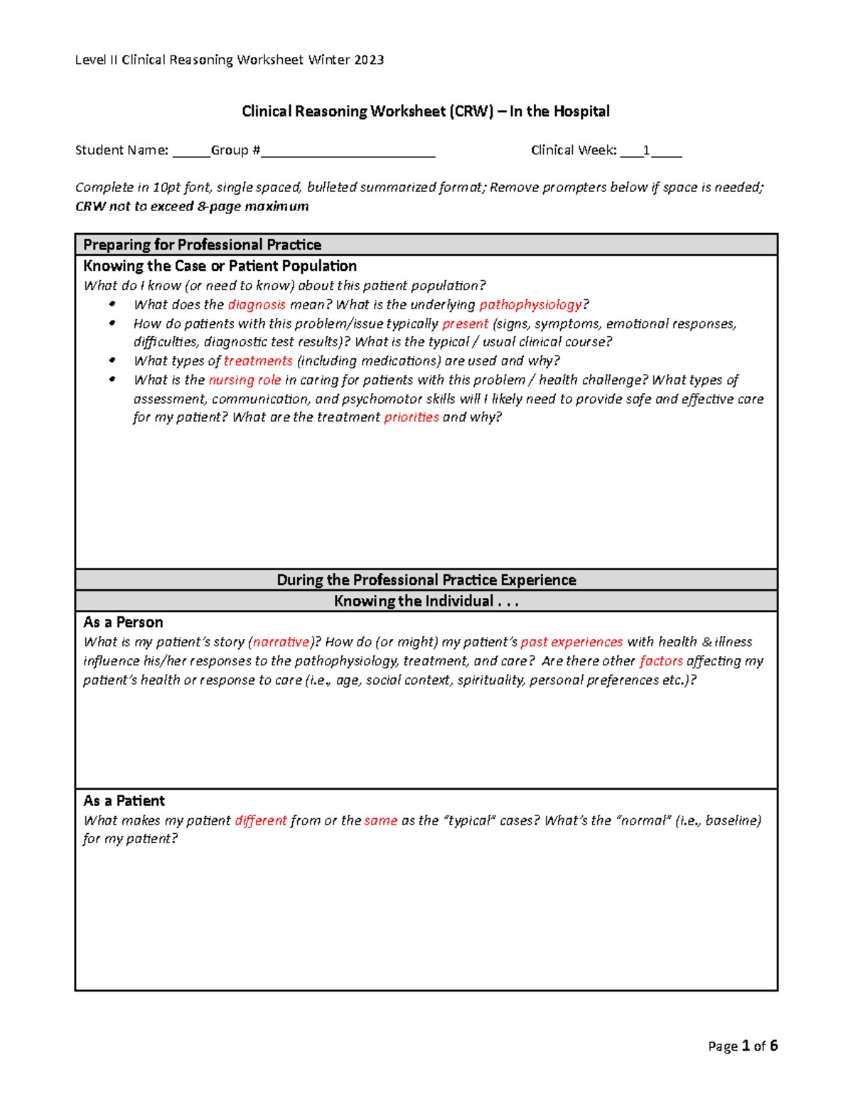 Clinical Reasoning Worksheet Winter 2023 - In The Hospital - Clinical ...