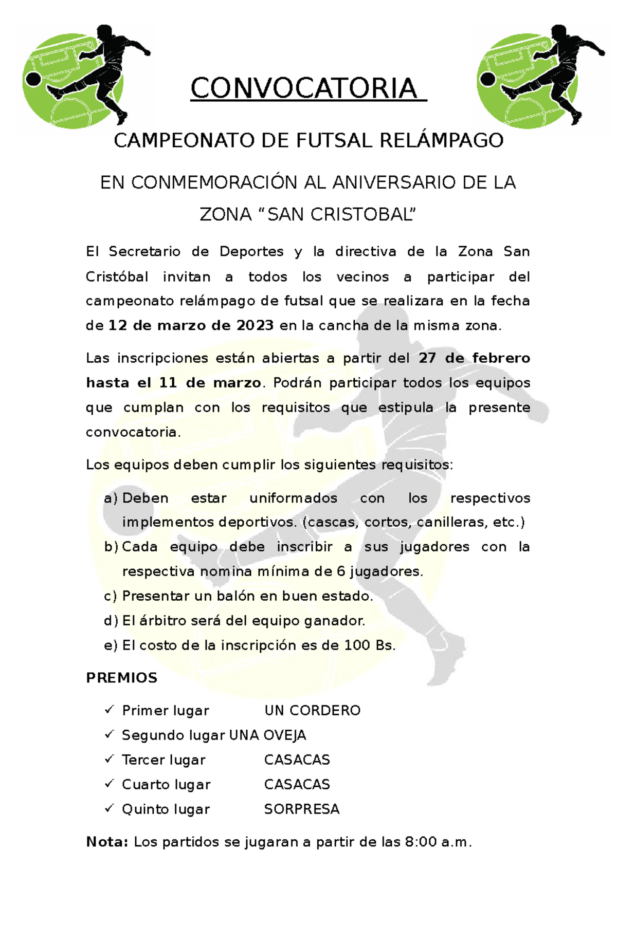 Convocatoria Campeonato Relámpago Convocatoria Campeonato De Futsal