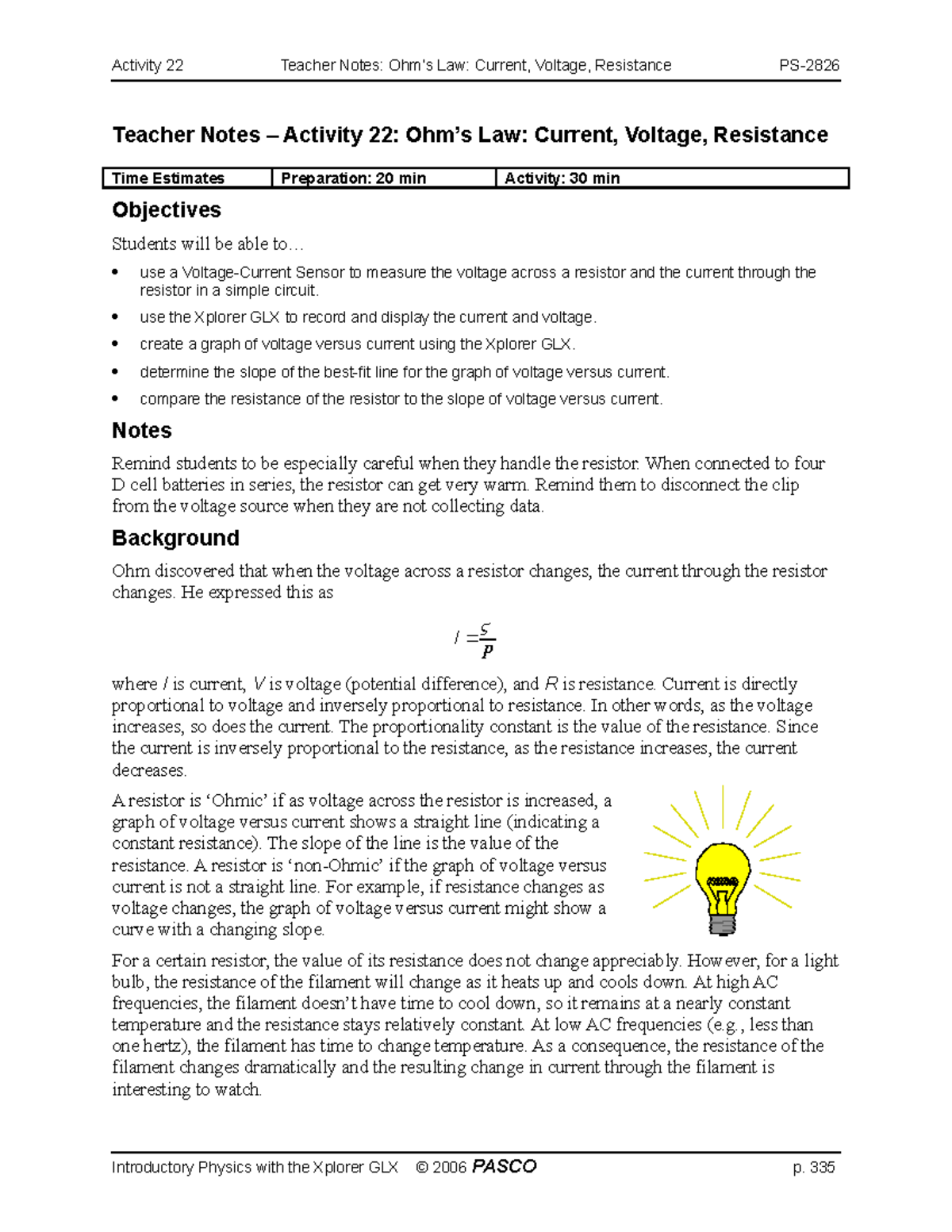 22 Ohm's Law TN - Ohms law - Activity 22 PS- Teacher Notes – Activity ...