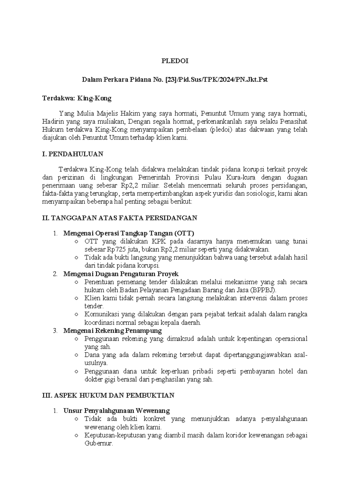 Pledoi - PLEDOI Dalam Perkara Pidana No. [23]/Pid.Sus/TPK/2024/PN.Jkt ...