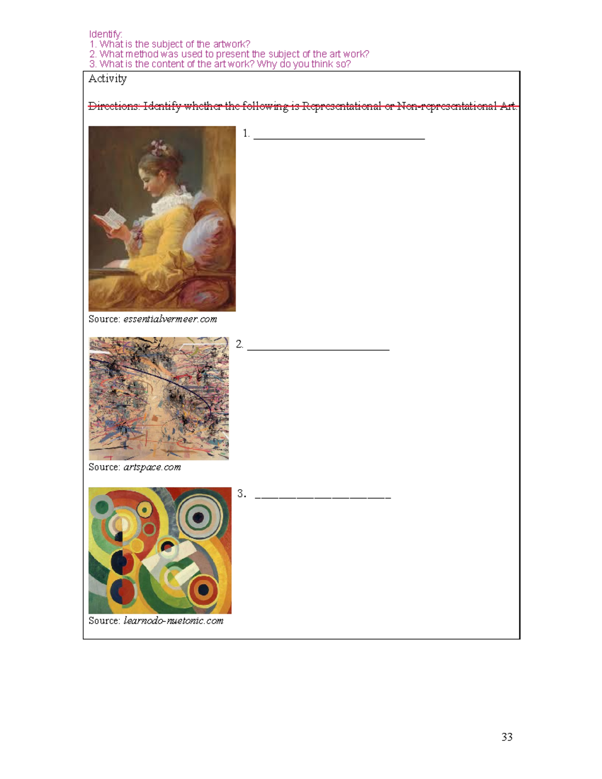 Subject-Activity - 33 Activity Directions: Identify whether the ...