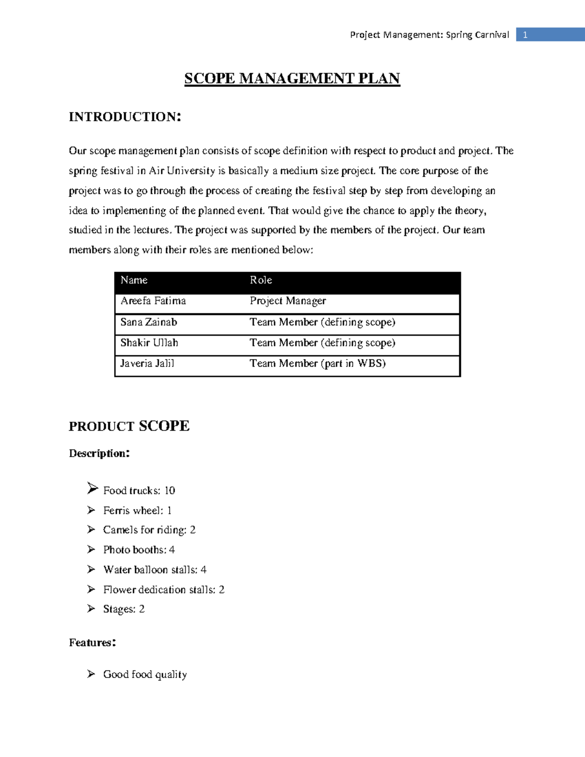 Scope Management PLAN - Project Management: Spring Carnival SCOPE ...