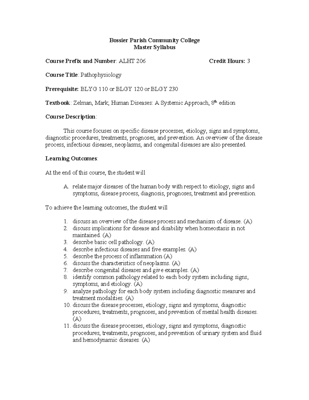 ALHT 206 Master Syllabus - Bossier Parish Community College Master ...