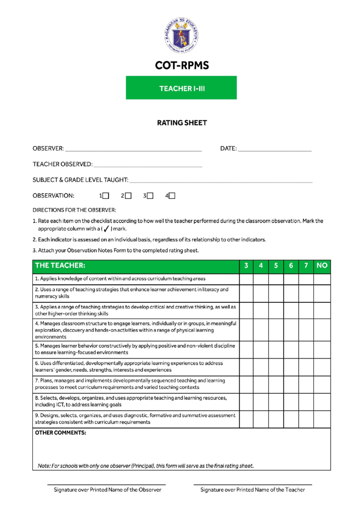 COT Forms (pre-observation, rating sheet,observation notes) - Bachelor ...