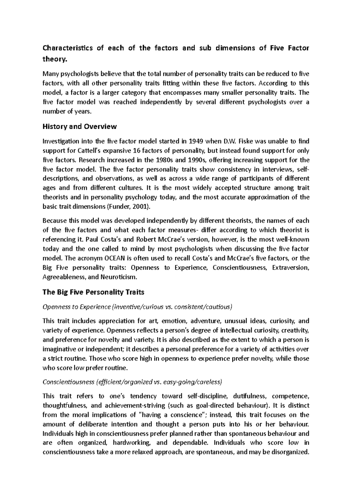 Characteristics of each of the factors and sub dimensions of Five ...