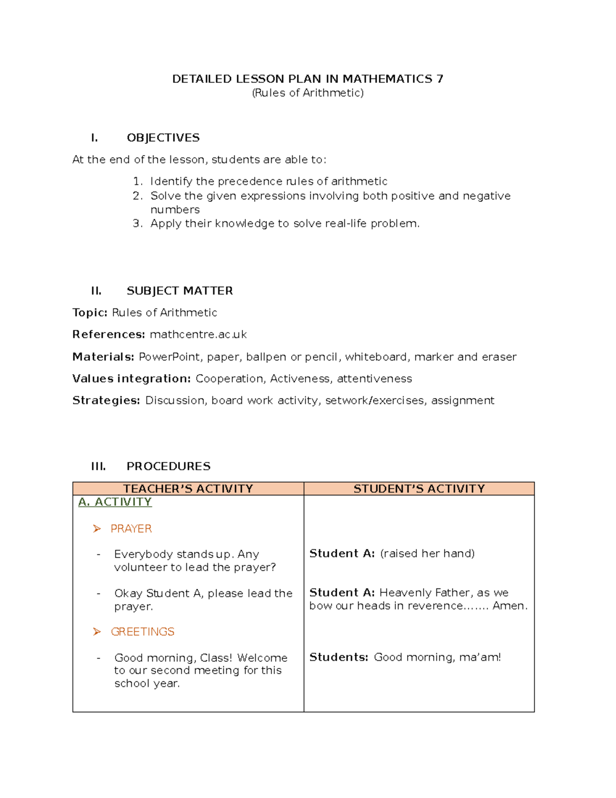 Lesson plan ( final ) - DETAILED LESSON PLAN IN MATHEMATICS 7 (Rules of ...