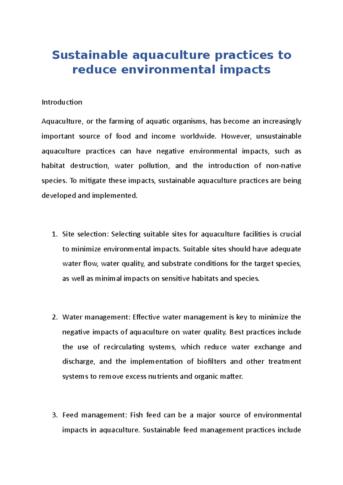 Sustainable aquaculture practices to reduce environmental impacts ...
