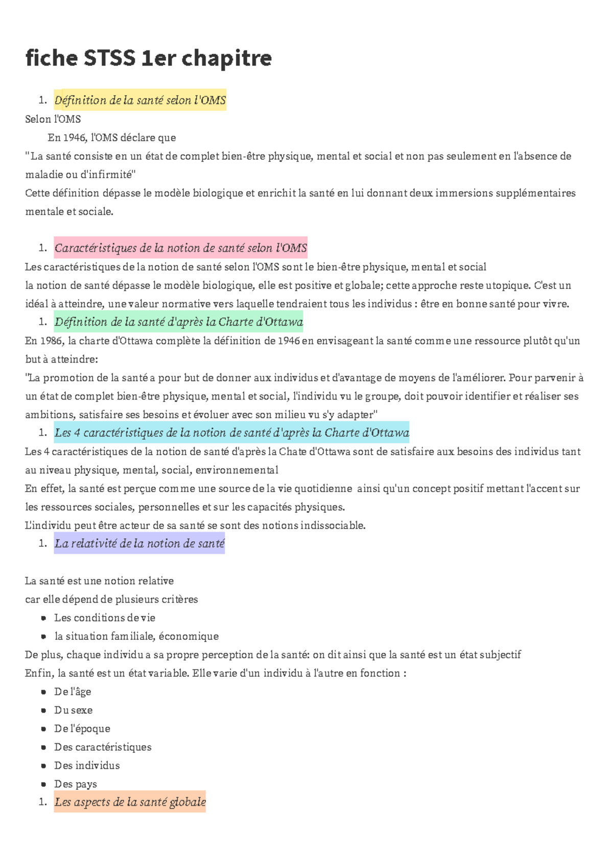 Fiche STSS 1er chapitre - fiche STSS 1er chapitre Selon l'OMS En 1946 ...